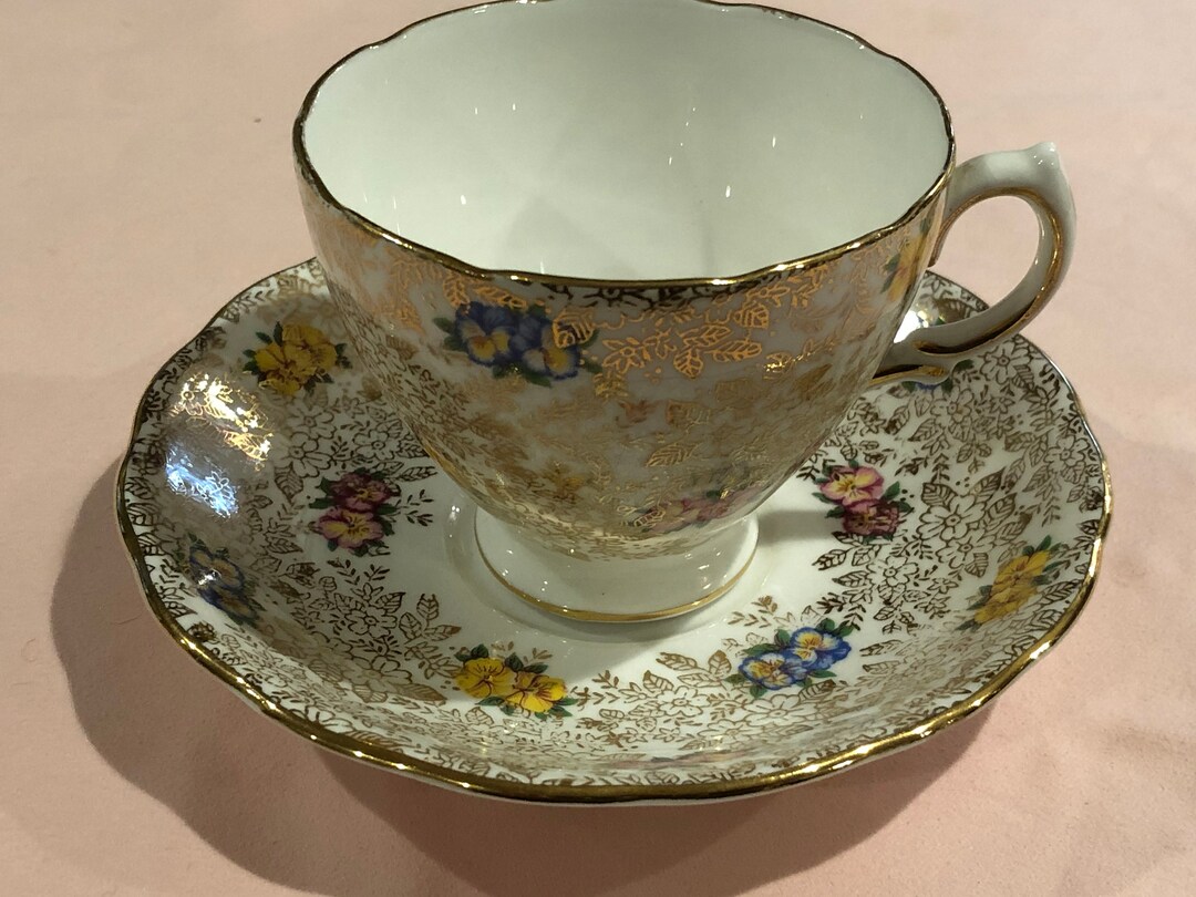 Mayfair Bone China Tea Cup and Saucer, Lacey Gold Flowers and Leaves on ...