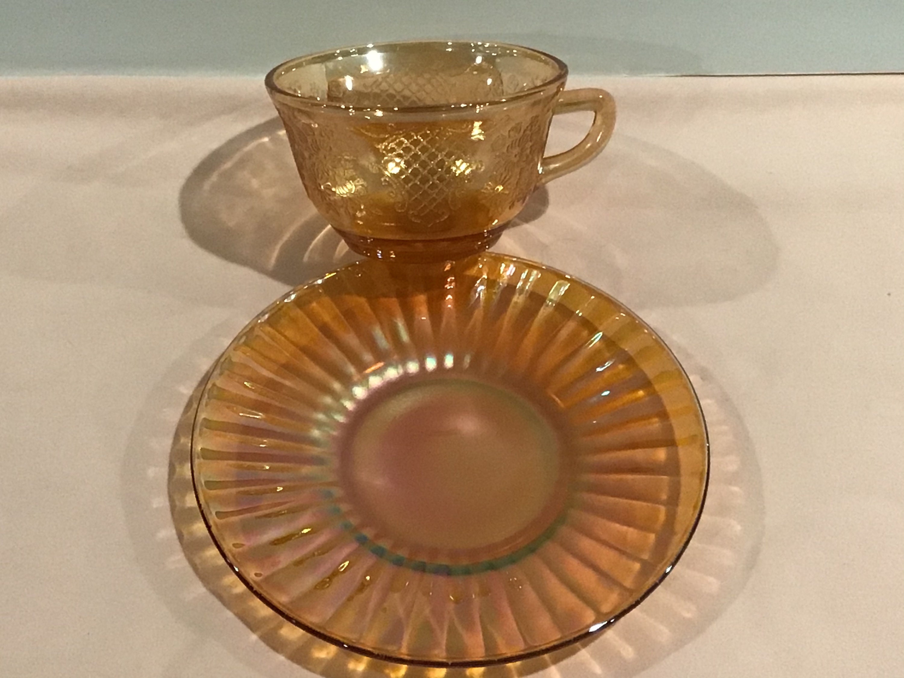 Carnival Glass Cup and Saucer Pattern Mis-Matched Orange | Etsy