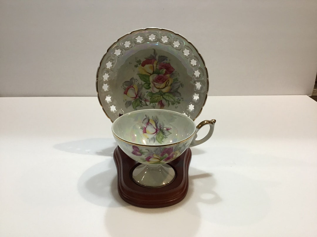 Footed, Lusterware, Tea Cup and Saucer, Rose Design, Reticulated Saucer ...