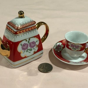 Imperial Porcelain Toy Tea Set, Tea Cup, Saucer, Tea Pot With Cover Red ...