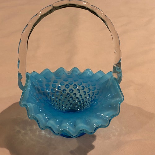 Fenton Blue Opalescent Hobnail Glass Bowl With Ruffled Edge | Etsy