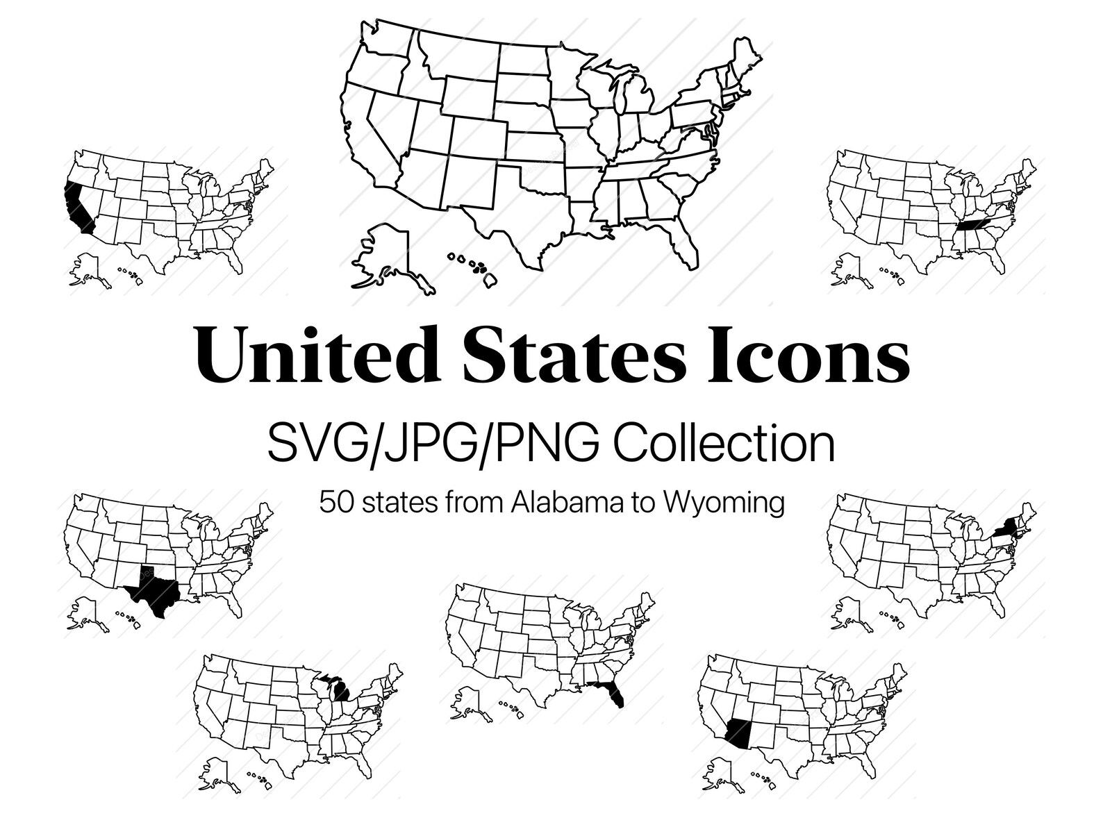 United States 50 State SVG-JPG-PNG Map Icons for Geography, Elections ...