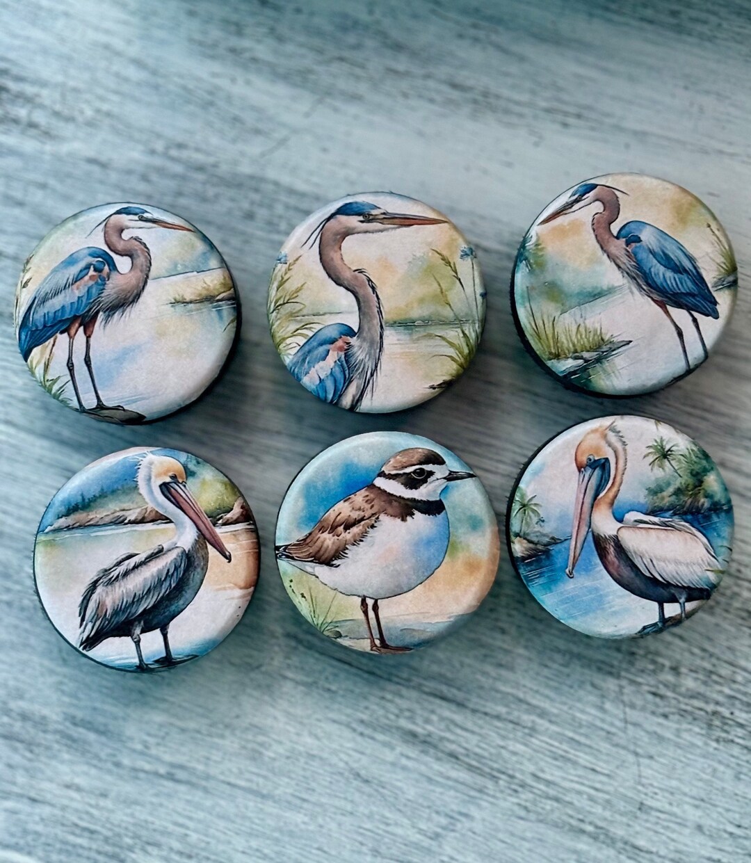 Water Birds Cabinet Knobs Drawer Pulls Set of 6 - Blue Heron, Pelican, Sandpiper Watercolor Art ...