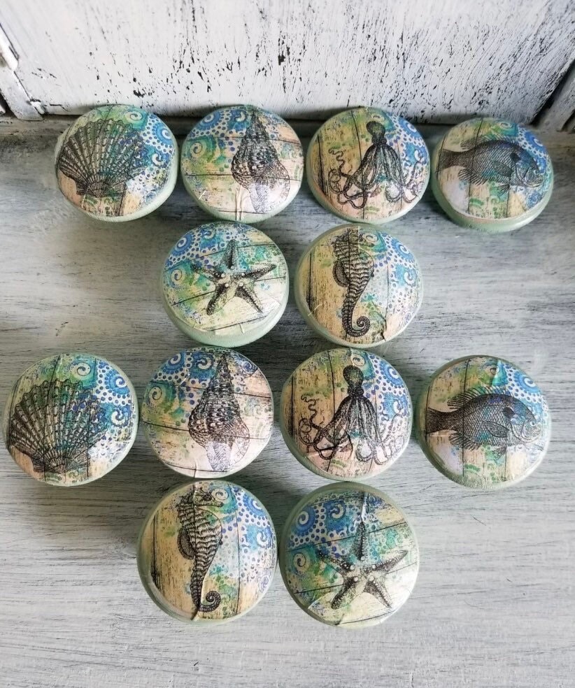 Coastal Sea Life Theme Beach House Handmade Wood Cabinet Knobs - Etsy