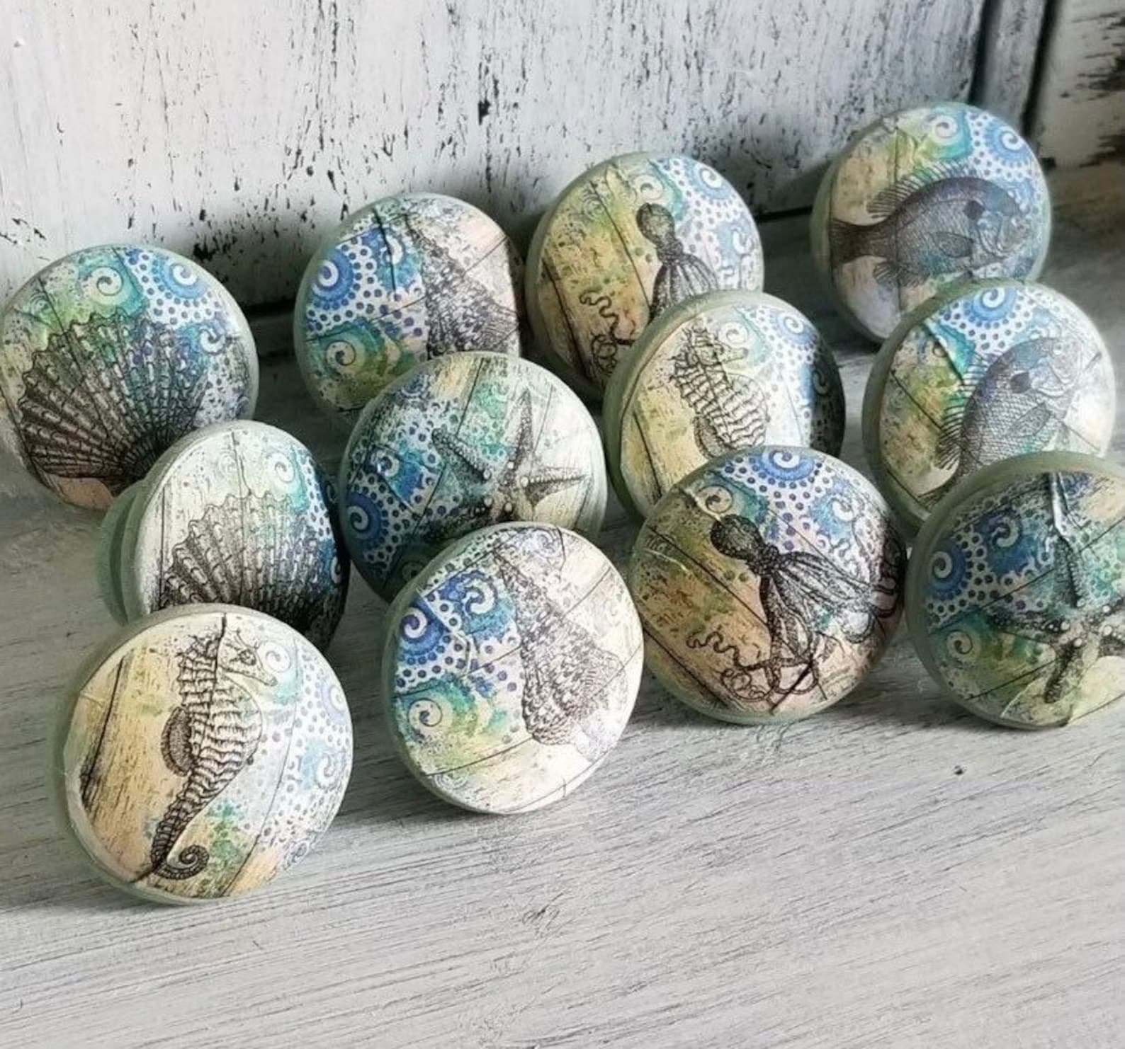 Coastal Sea Life Theme Beach House Handmade Wood Cabinet Knobs ...