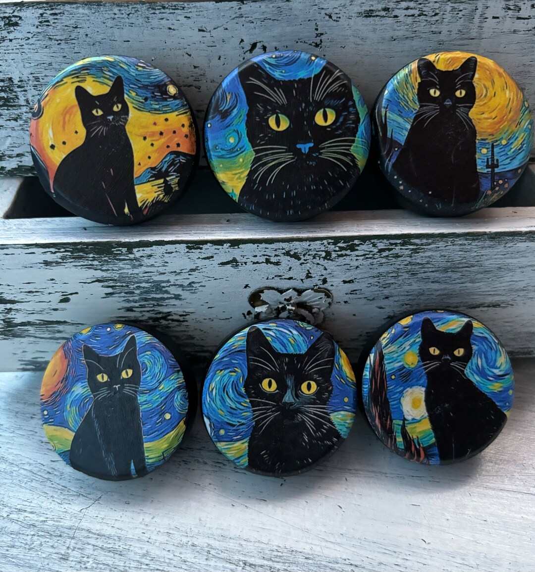 Black Cat Starry Night Cabinet Knobs, Handmade Wood Drawer Pulls Set - Etsy