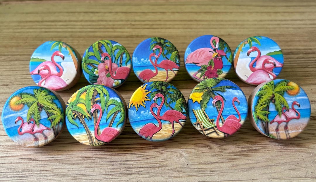 Pink Flamingos at the Beach Cabinet Knobs Furniture Replacement Drawer Pulls Set of 10 - Kitschy ...