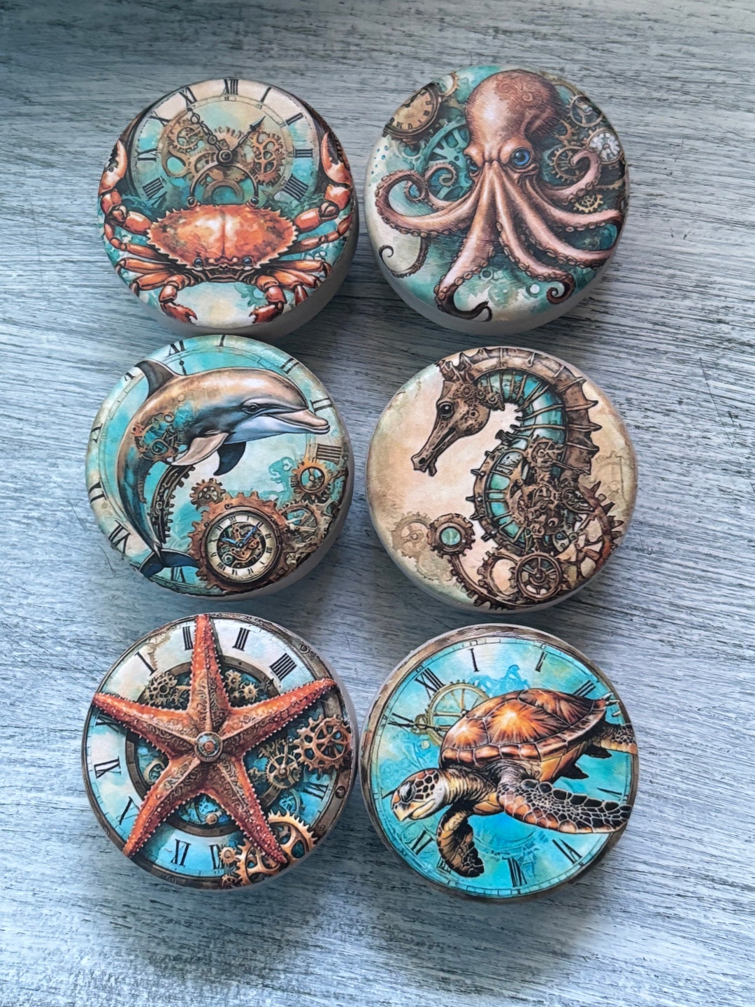 Coastal Cottage Cabinet Knobs – Steampunk Sea Life, Handmade Wood ...