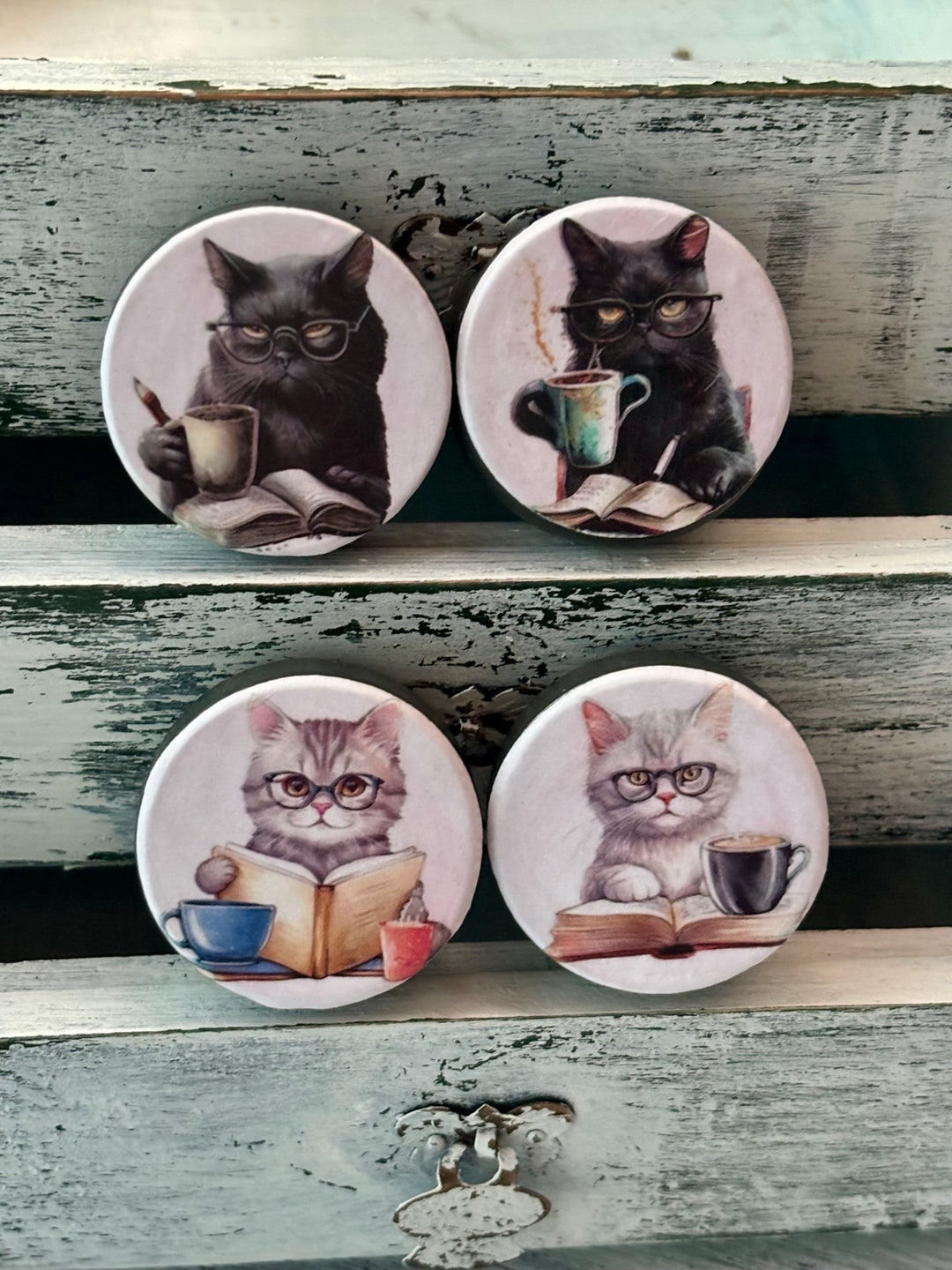 CAT Cabinet Knobs Drawer Pulls Set of 4 Kitty Cats Coffee Books ...