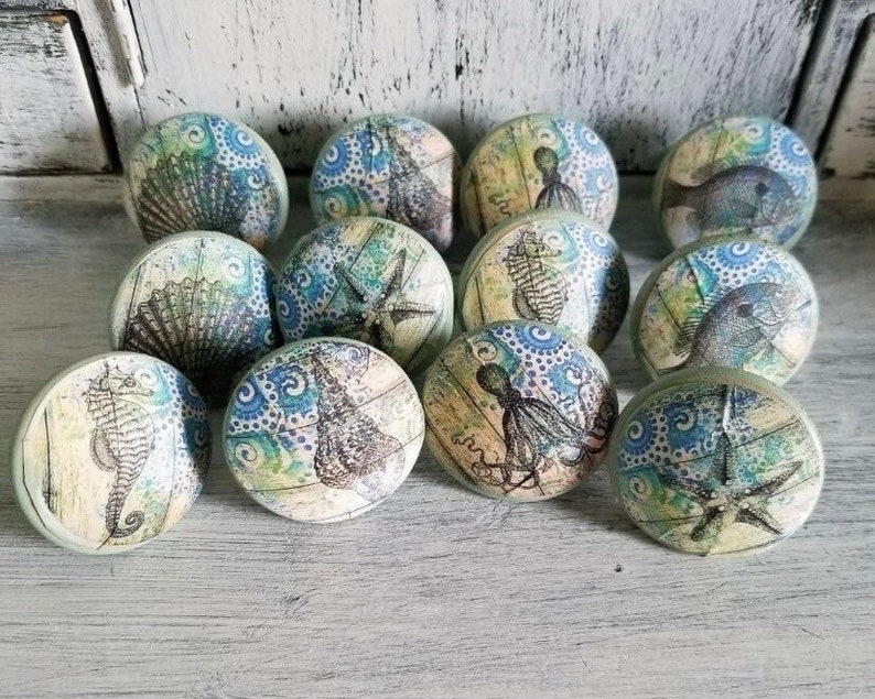 Coastal Sea Life Theme Beach House Handmade Wood Cabinet Knobs | Etsy