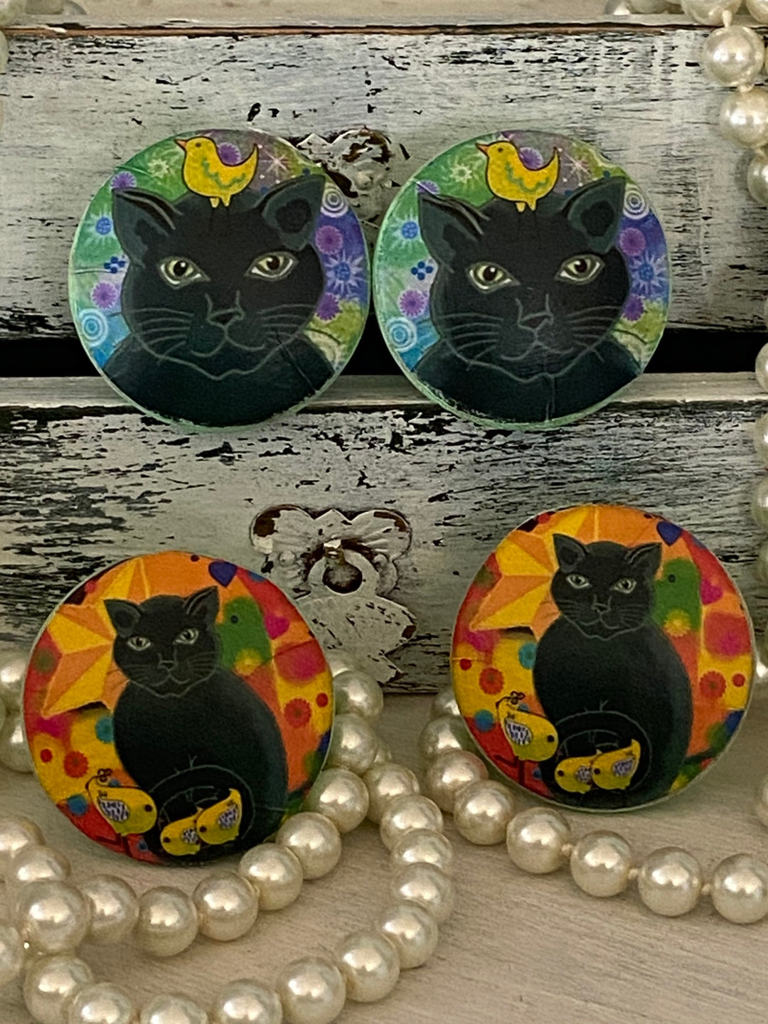 BLACK CAT Cabinet Knobs Drawer Pulls Set of 4 Shabby Boho - Etsy