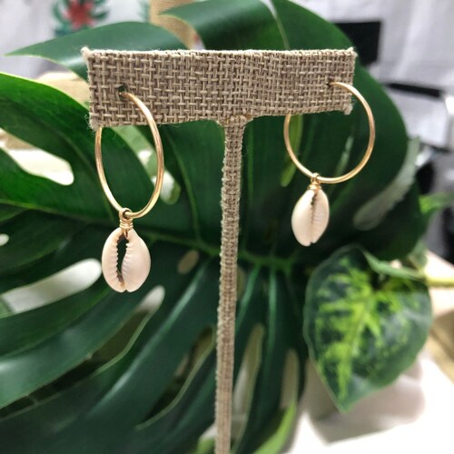 Natural Sea Shell Mini Hoop Earrings Cowrie Shell Gold - Etsy
