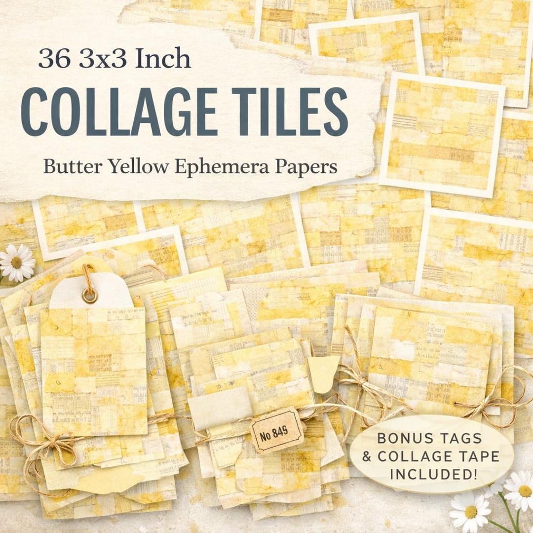 36 Butter Yellow Collage Tiles 3x3 | Digital Ephemera Papers | Junk ...