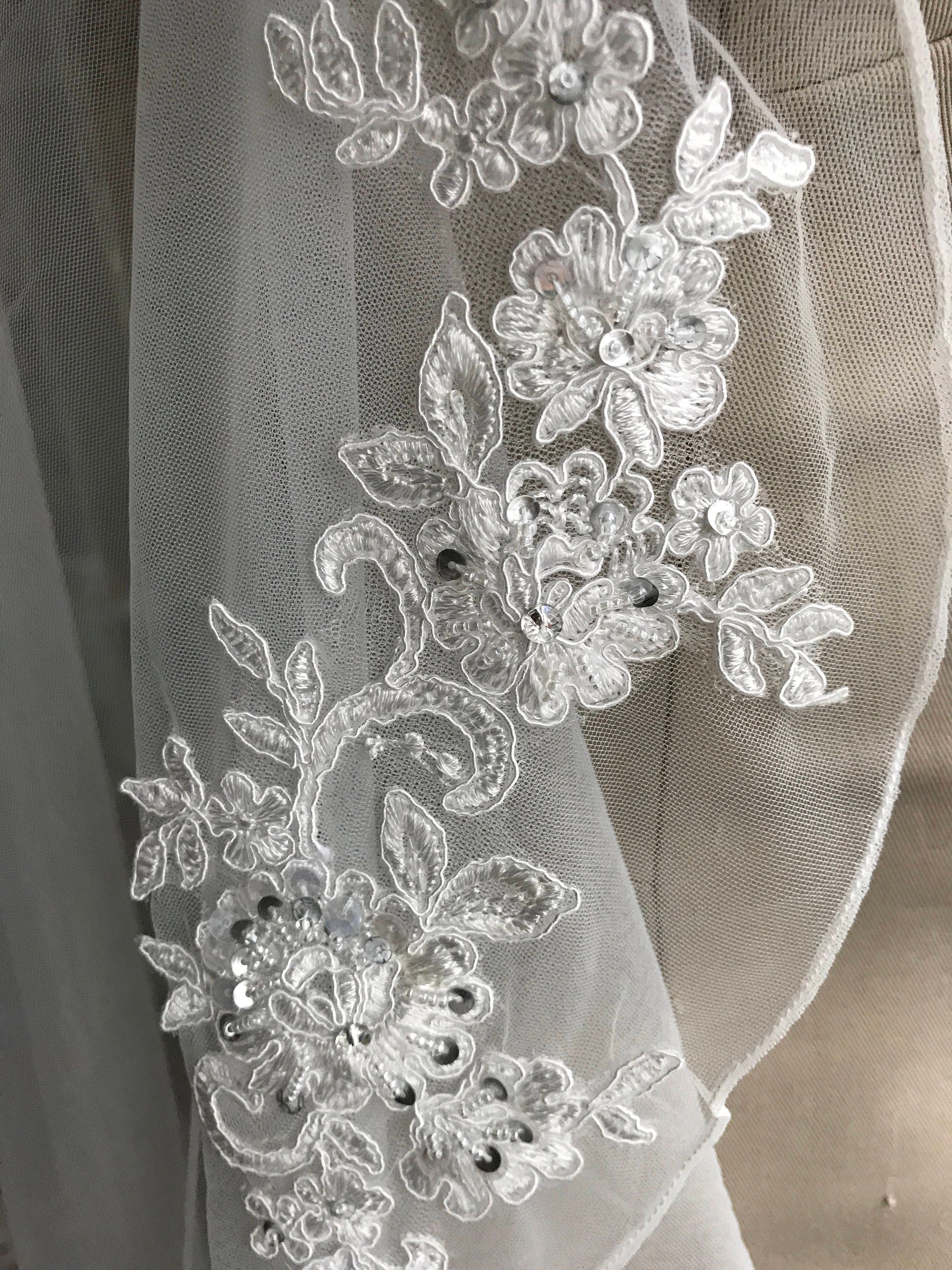 Beaded Lace Applique Short Layer Veil, Fingertip Layer Veil, Lace Veil ...
