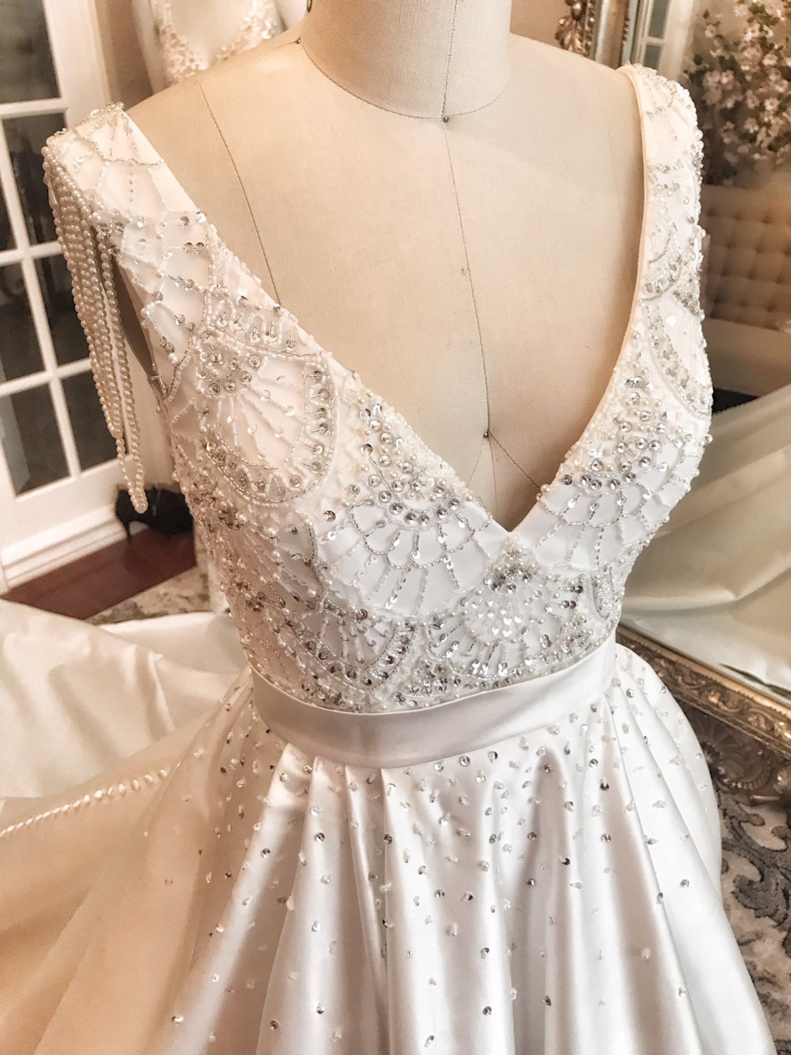 Teal Custom Draped Beaded Wedding Dress Pearl Sleeves Long - Etsy