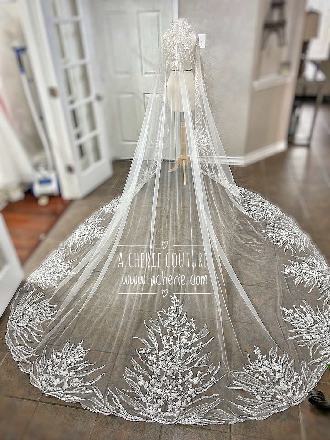 Ultra Glam Heavily Beaded Lace Royal Length Veil, Bridal Veils, Sequin ...