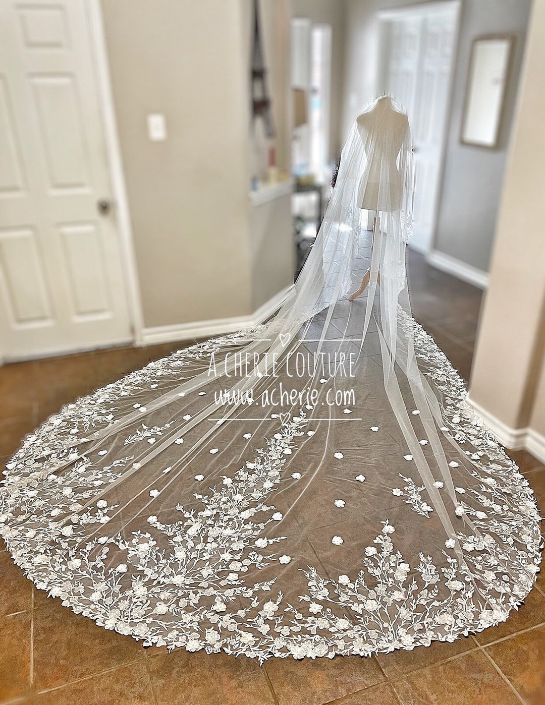 3D Floral Embroidered Lace Royal Veil, Embroidered Lace, 3D Flowers ...