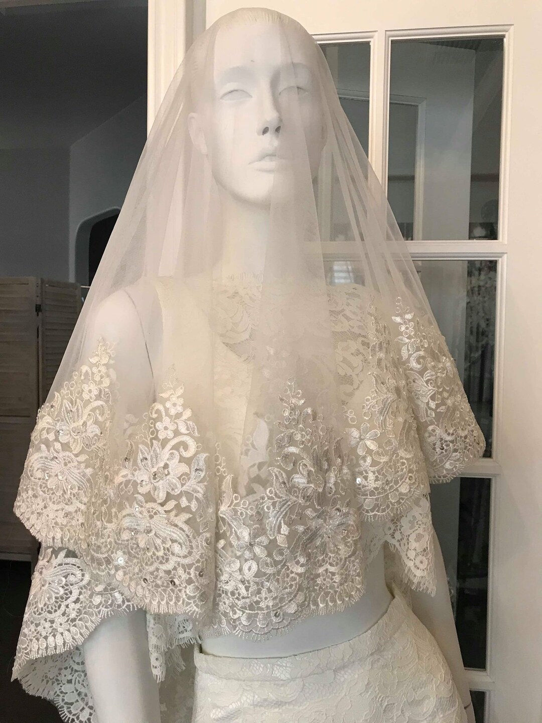 Short Finger Tip Length Beaded Drop Veil or Mantilla Style Veil, Wide ...