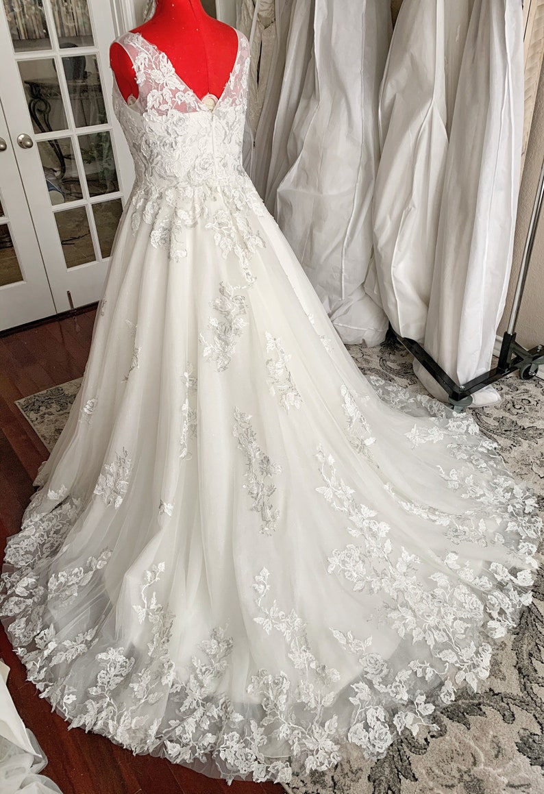 Silver Bella Metallic Silver Threaded Rose Lace A Line | Etsy