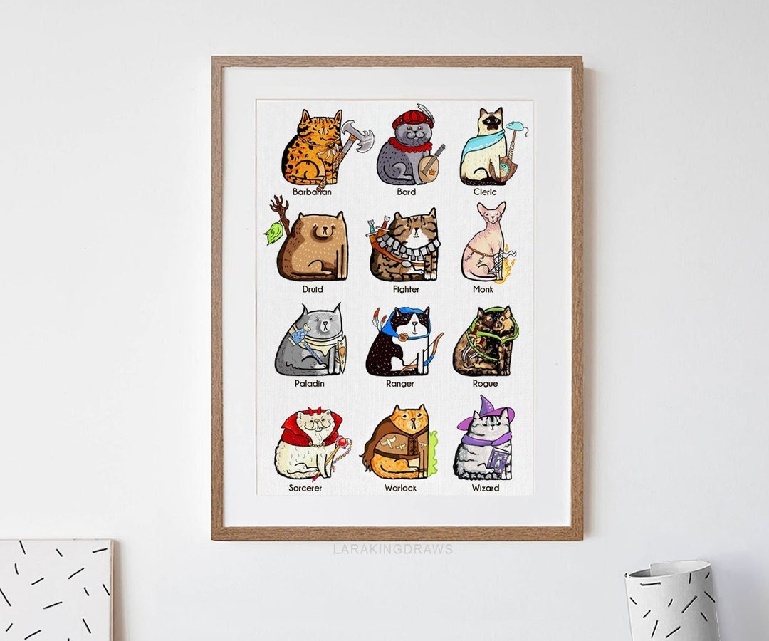 Dungeons and Cats Print, Dnd Feline Classes, Fantasy Wall Decor, Funny ...