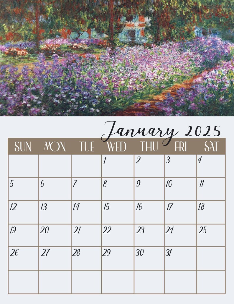 2025 Printable Calendar, Claude Monet Calendar, Beginning Sunday and ...