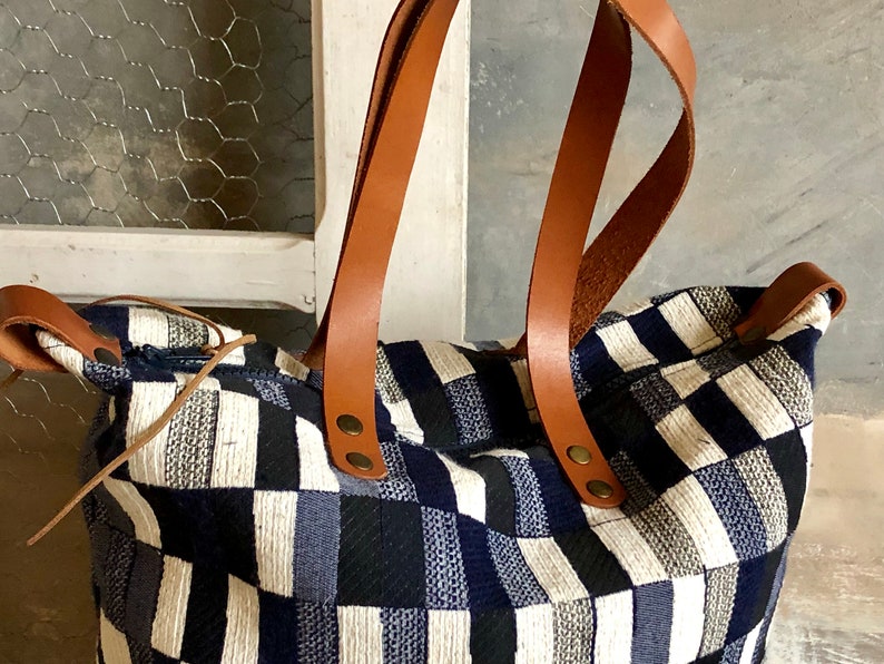 Blue / ivory upholstery fabric Shoulder Bag handbag made of | Etsy