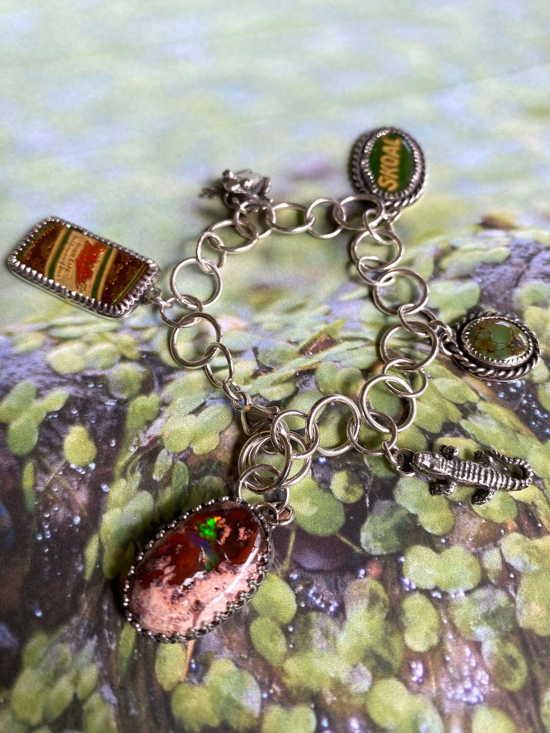 Swamp Girl Chunky Charm Bracelet, Vintage Beer Enamel Pin, Turquoise ...