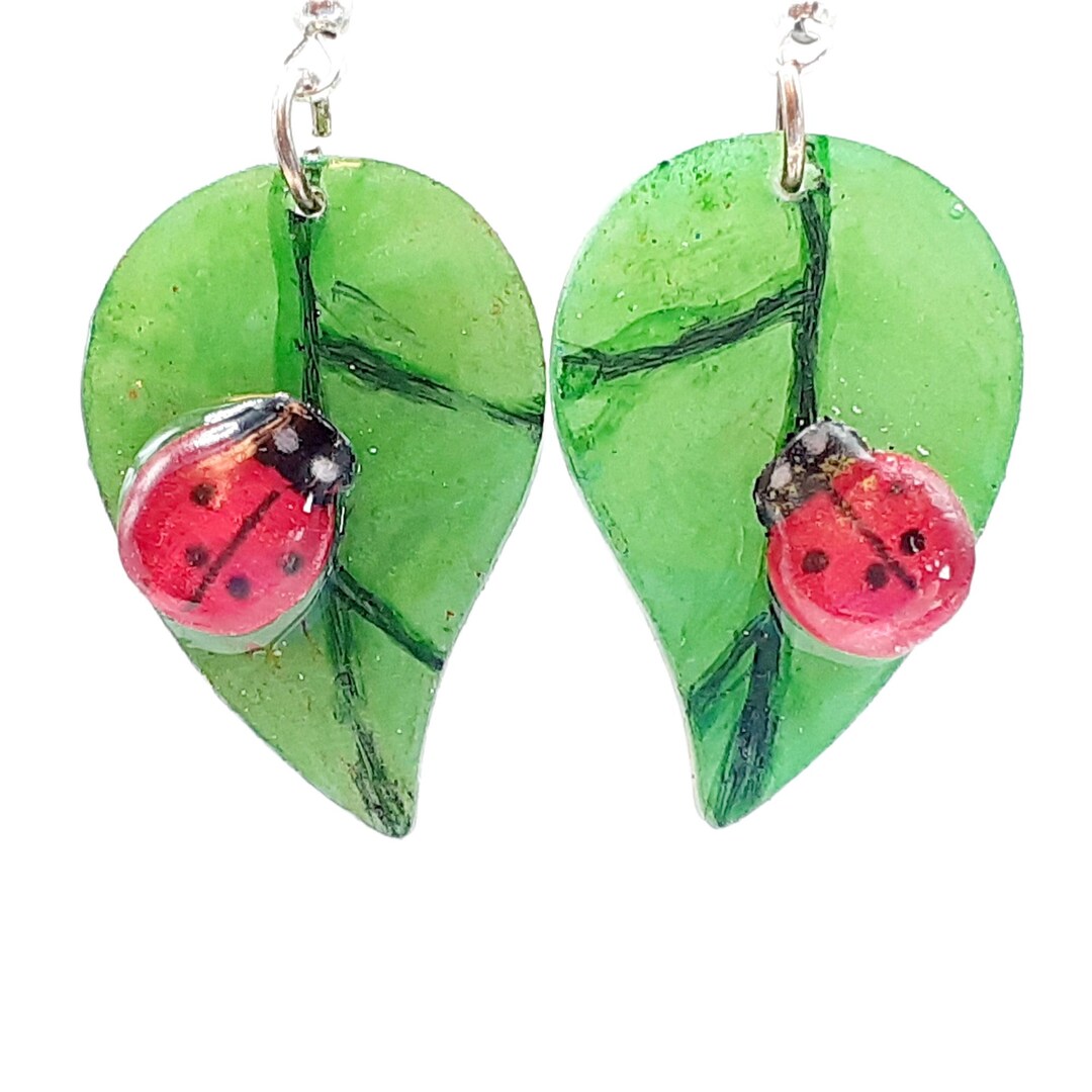 Cute Red Ladybug Resin Earrings on Leaf - Etsy
