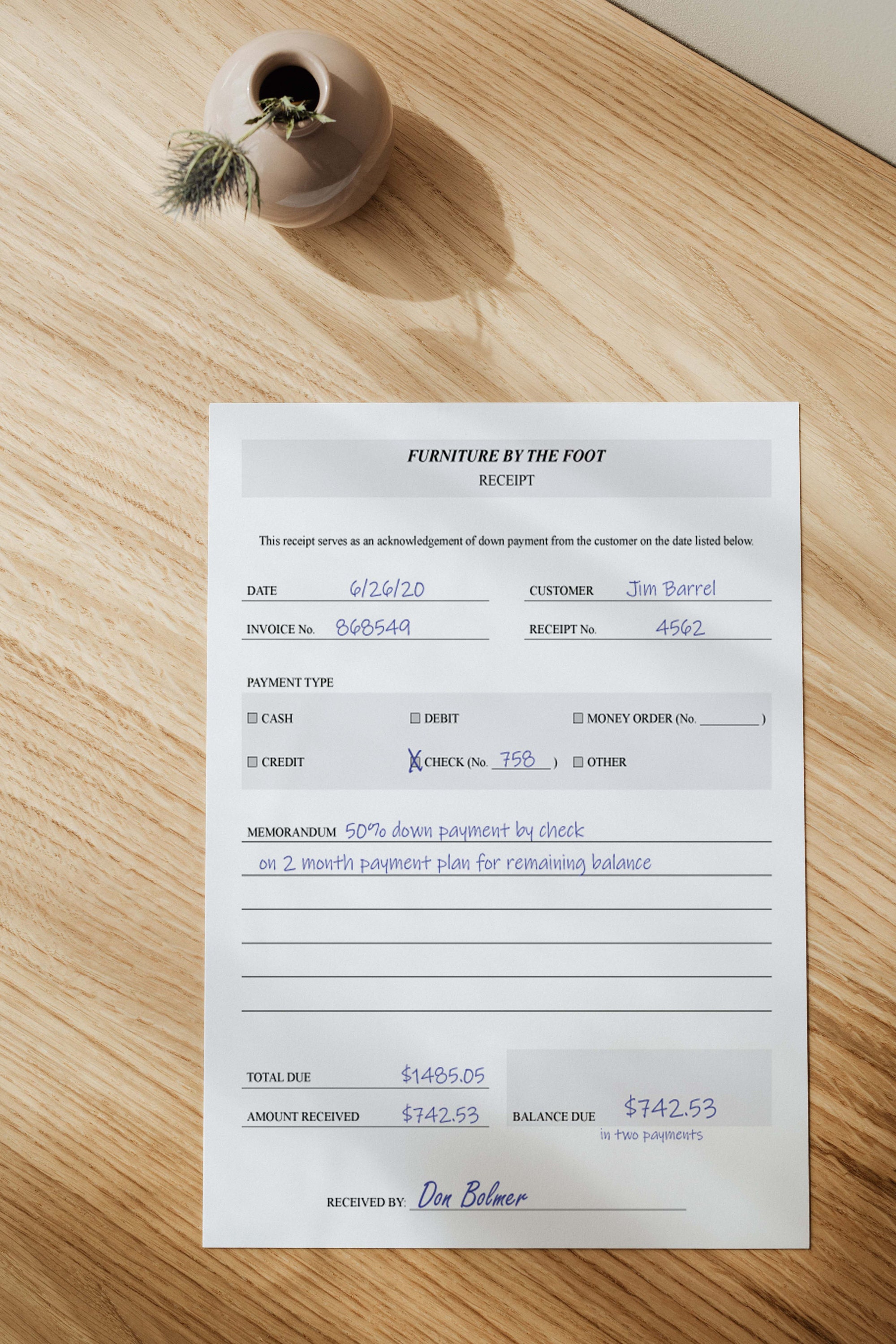 Down Payment Receipt Template: Simple .PDF Payment Acknowledgment ...