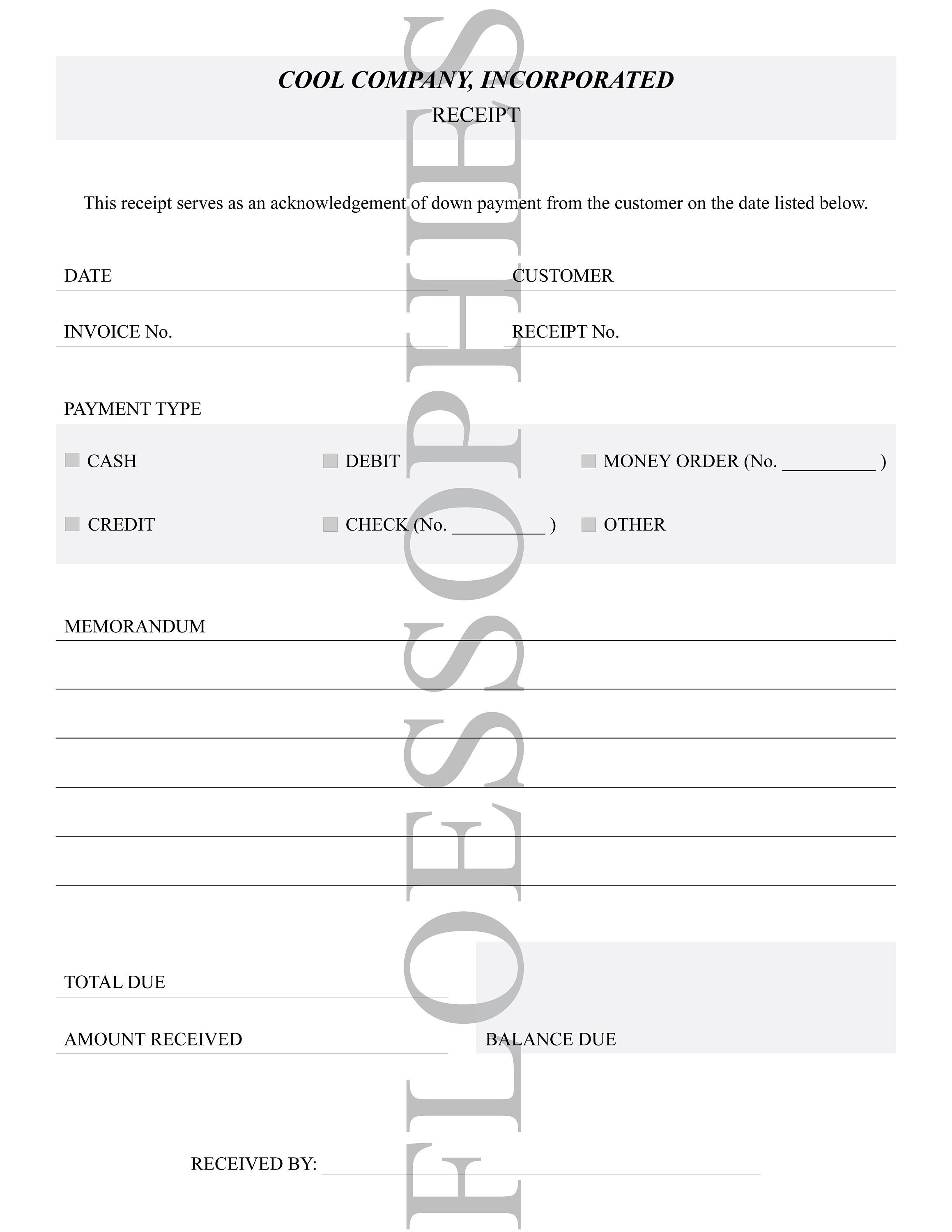 Down Payment Receipt Template: Simple .PDF Payment Acknowledgment ...