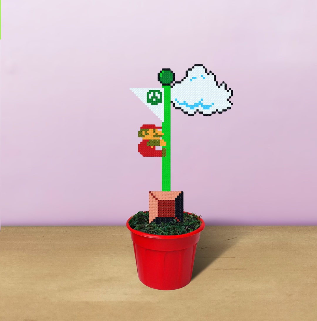 Super Mario Bros on Flagpole Figure in Plant Pot, Classic Mario Diorama ...