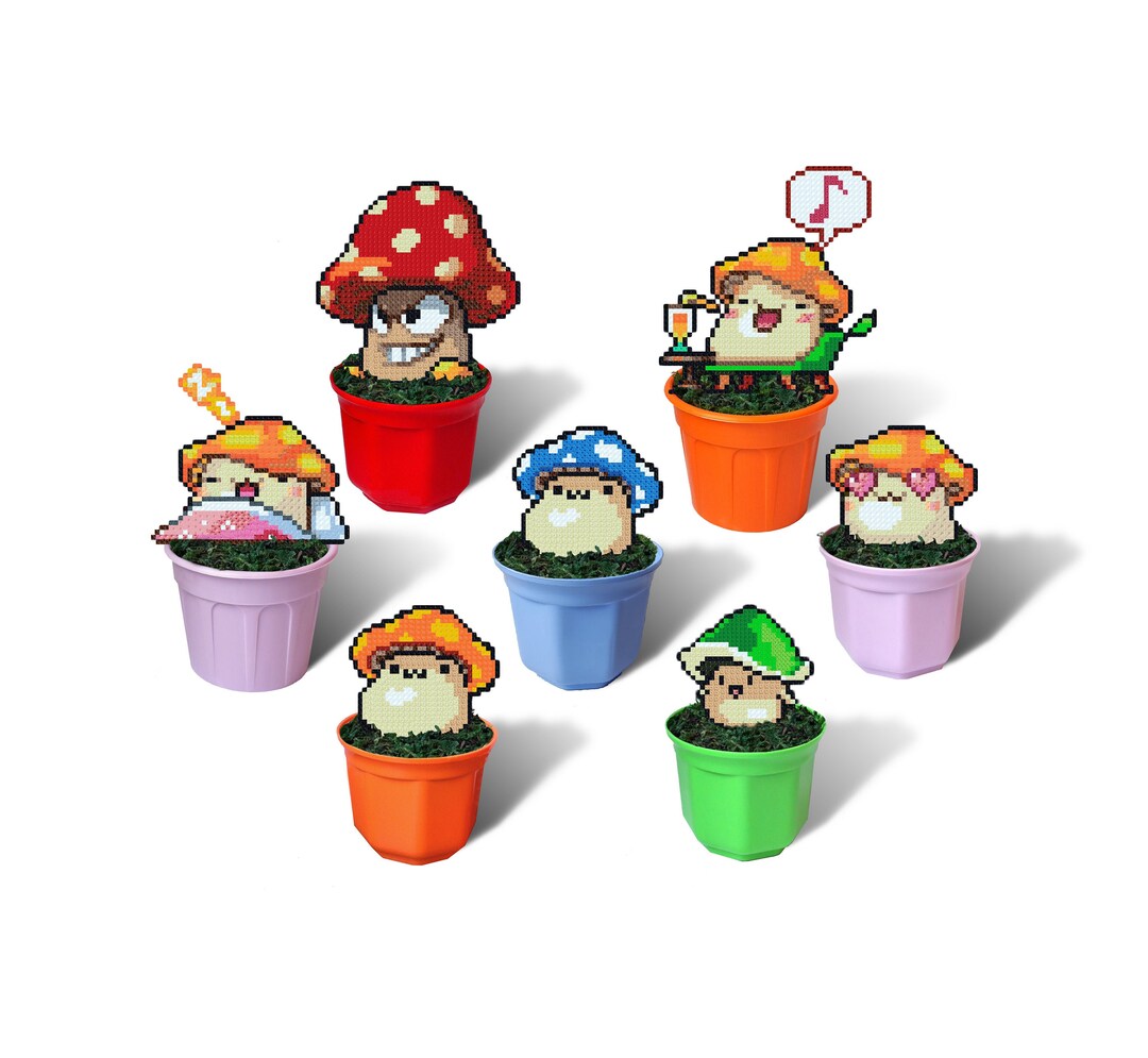 Maplestory Mushroom Figures in Plant Pot, Orange Mushroom Figure, Blue ...