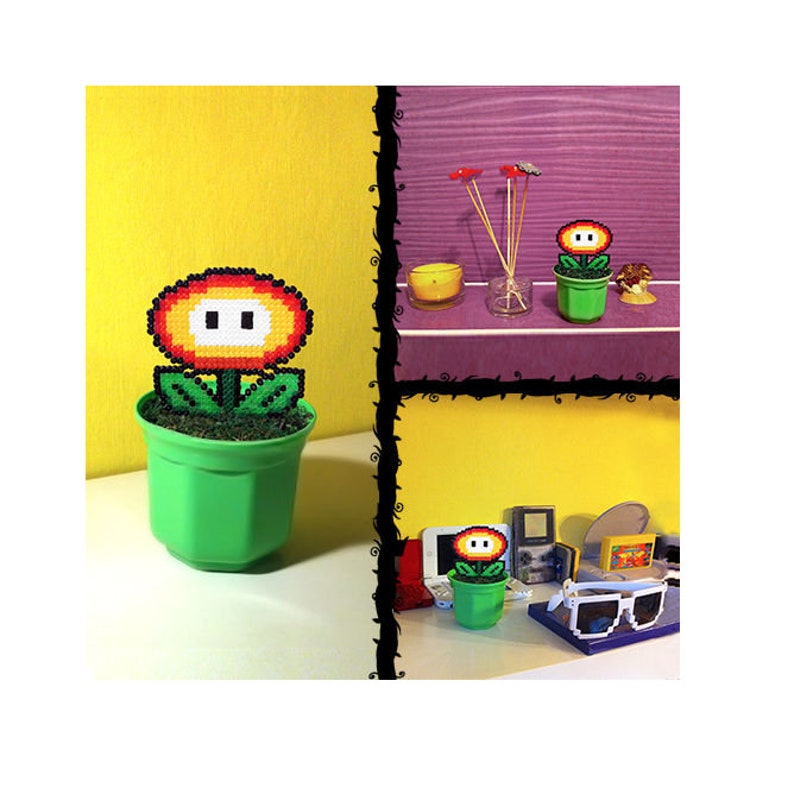 Pixel Art Fire Flower Super Mario with Pot 5.5 Perler | Etsy
