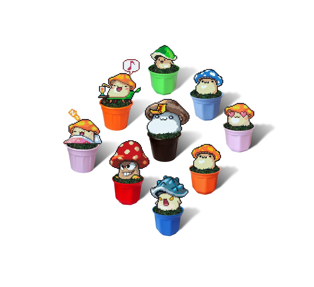 Maplestory Mushroom Figures in Plant Pot, Orange Mushroom Figure, Blue ...