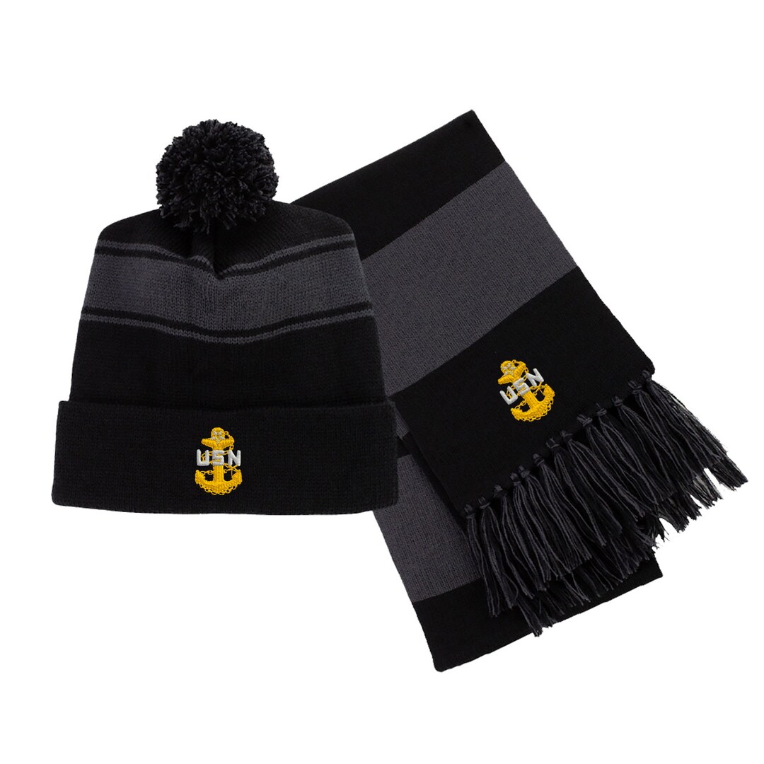 Navy E8 Senior Chief Petty Officer Rank Embroidered Scarf & Pom Beanie ...