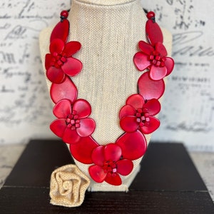 Red Flower Statement Necklace Tagua Jewelry Big Bold Necklaces Wearable ...