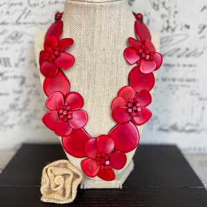 Red Flower Statement Necklace Tagua Jewelry Big Bold Necklaces Wearable ...