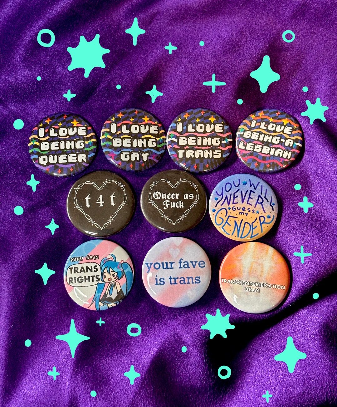 Misc. Queer Pinback Buttons | 1.5" Pins T4t, Miku Says Trans Rights ...