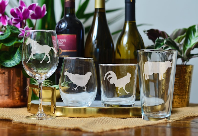 Farm Animal Glasses; Goat Pig Cow Horse Rooster Chicken Kitchen Barware ...