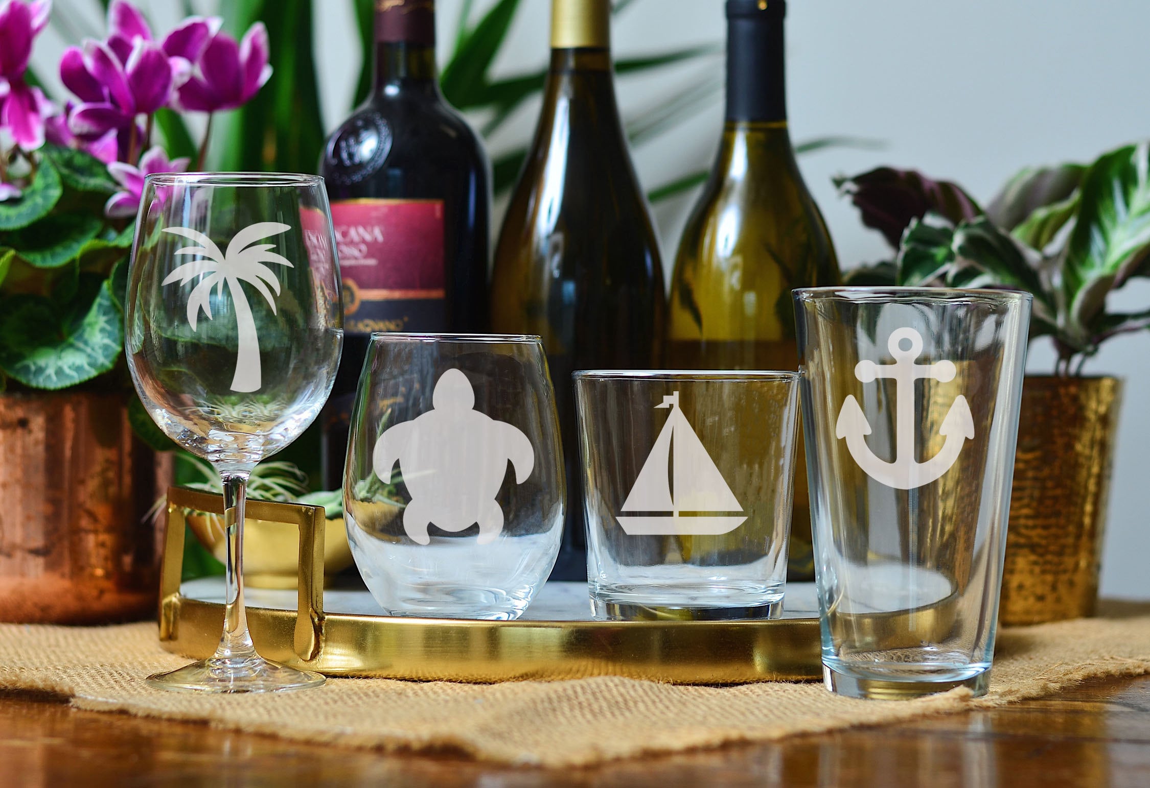 Set of Nautical Barware; Beach Wine Glasses; Sailboat, Anchor, Palm ...
