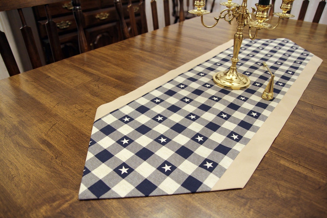 Checkered Table Runner: Navy Blue Stars, Tan Border, Fourth of July ...