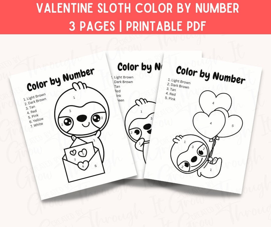 Valentine's Day Sloth Color by Number Worksheets (PDF) - Etsy