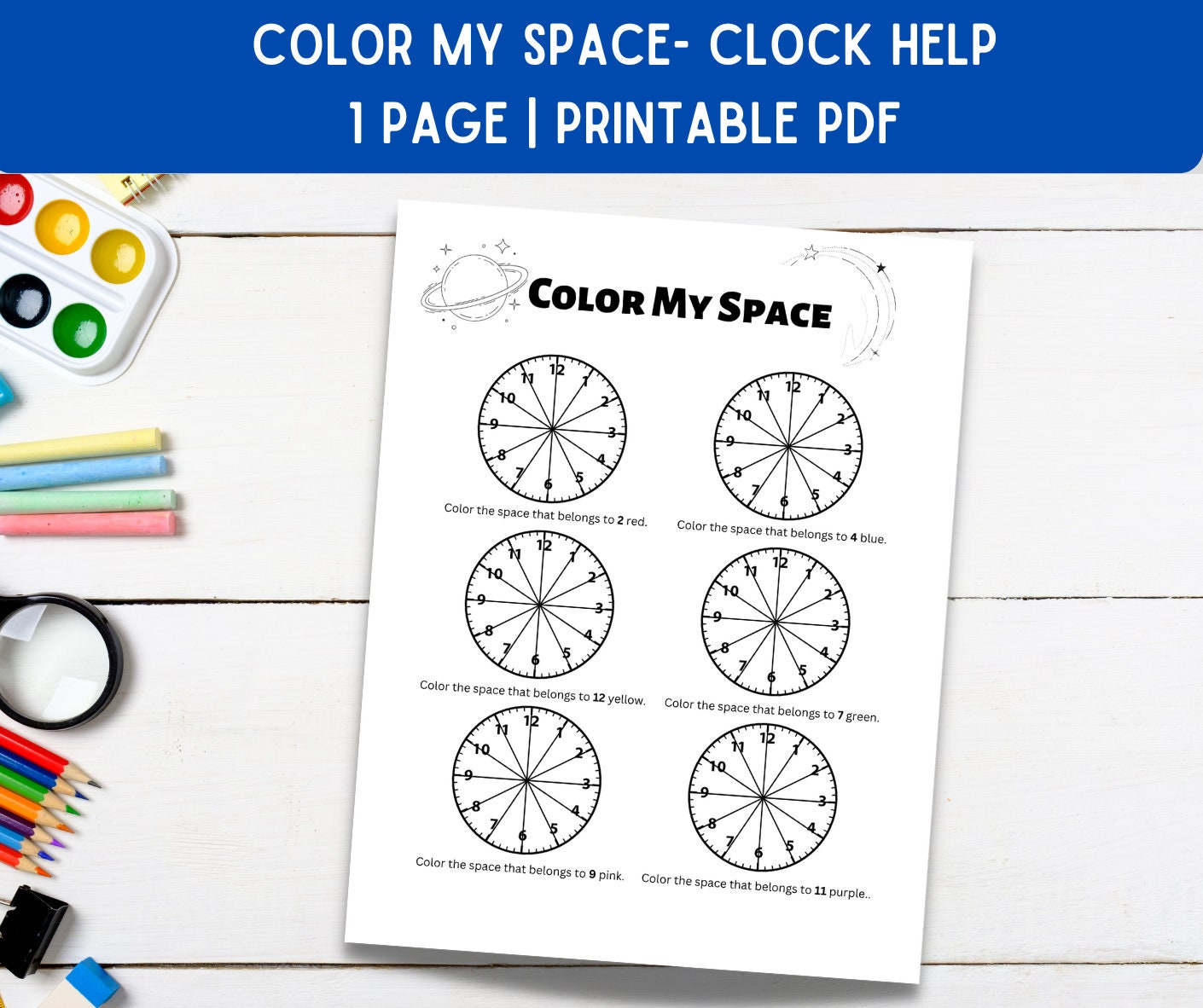 1st Grade Learn Time Worksheet: Color My Space Analog Clock (PDF) - Etsy