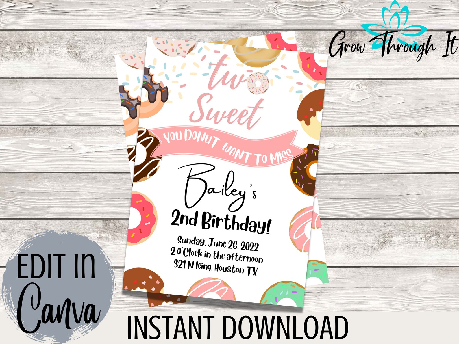 Printable Birthday Invitation Two Sweet 2nd Birthday Donut Theme ...