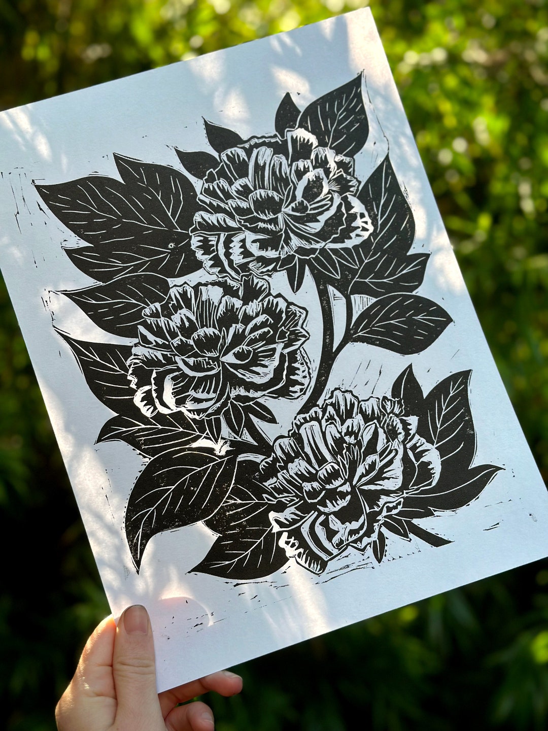 Linocut Print Peonies Wall Art 9x12 - Etsy