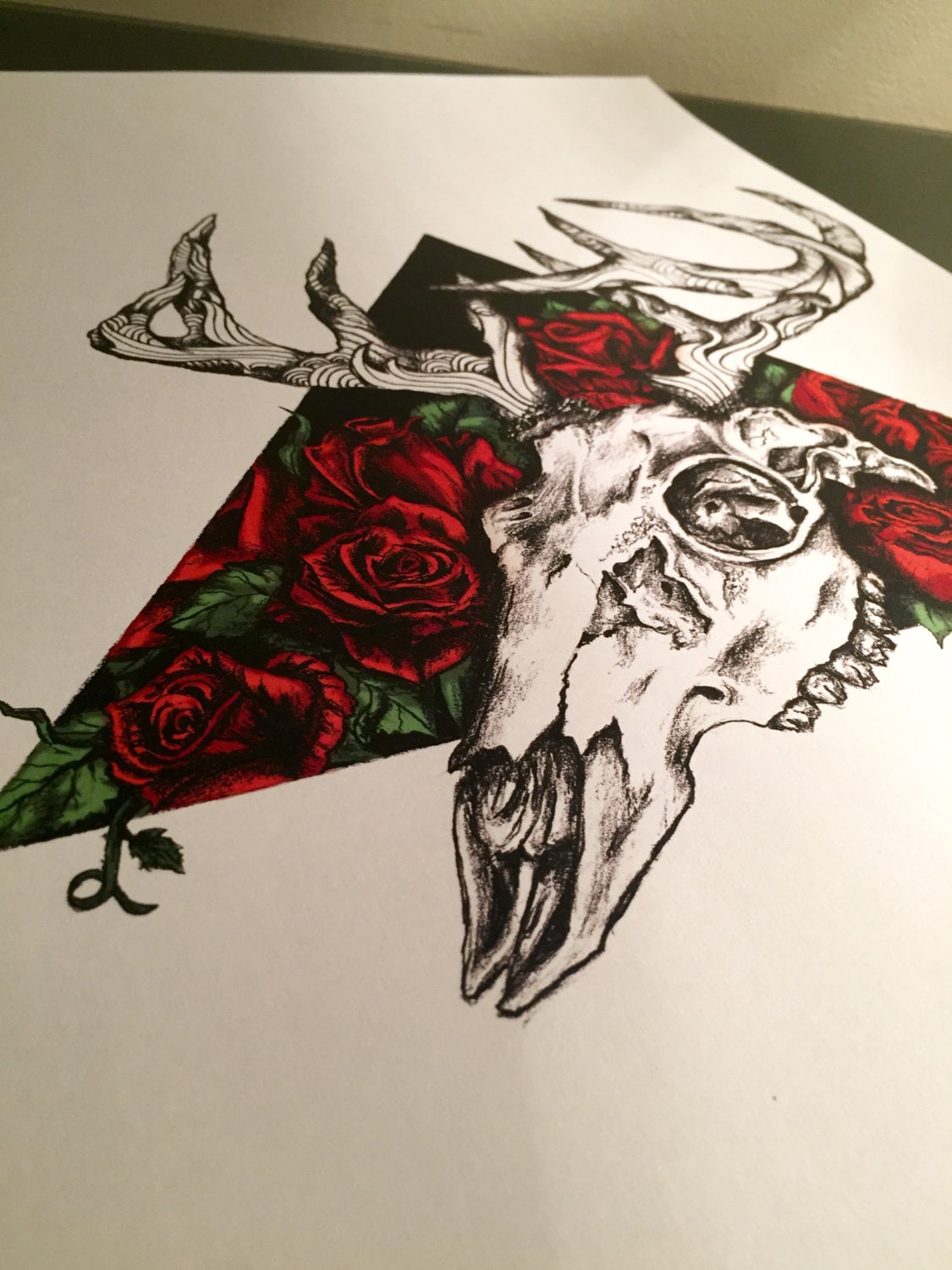 Deer Skull in Roses Art Print - Etsy