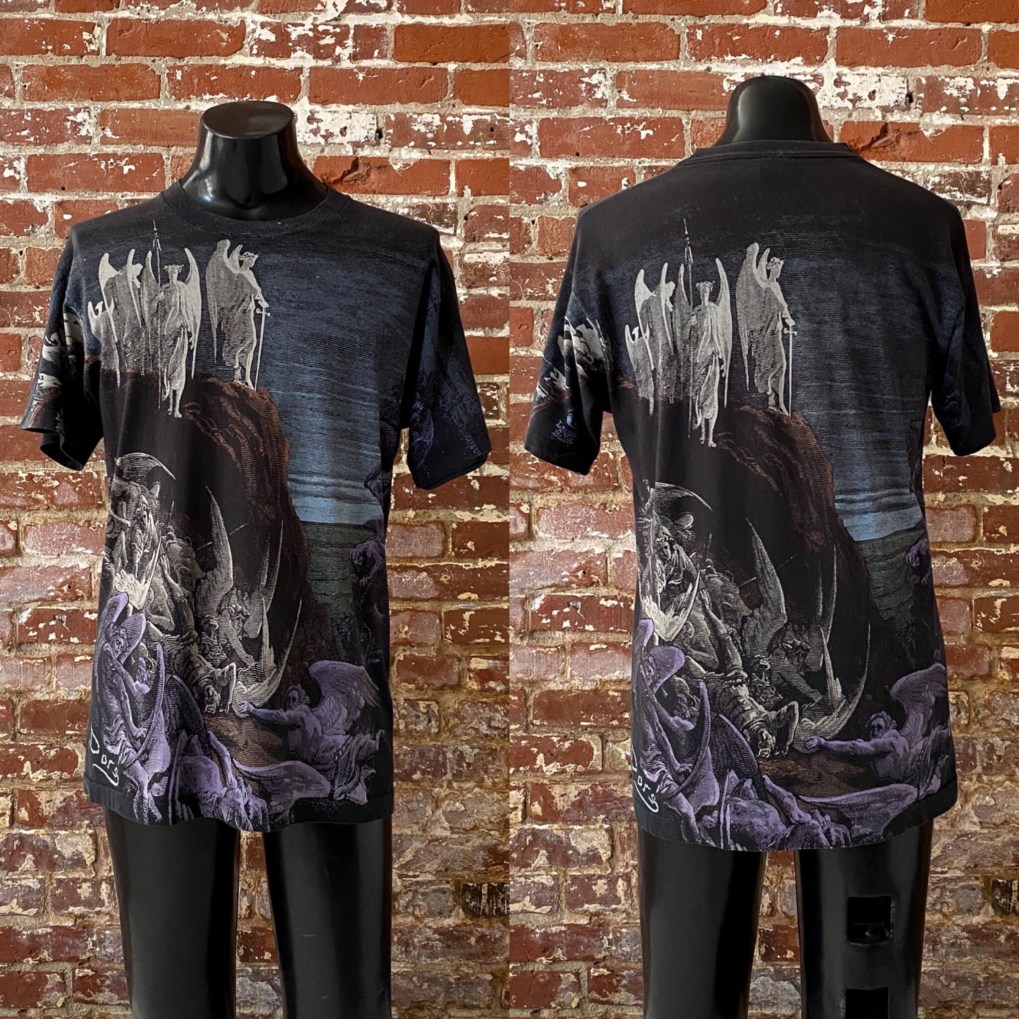 90s Gustave Doré Angels Vs. Demons Liquid Blue Art T-shirt 90s Gustave Doré Angels Vs. Demons Liquid Blue Art T-shirt