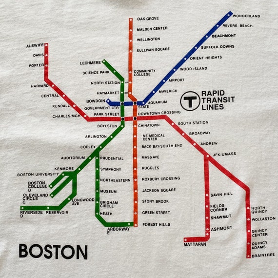 90s Boston Rapid Transit Lines Map T-Shirt. Vintage 1… - Gem