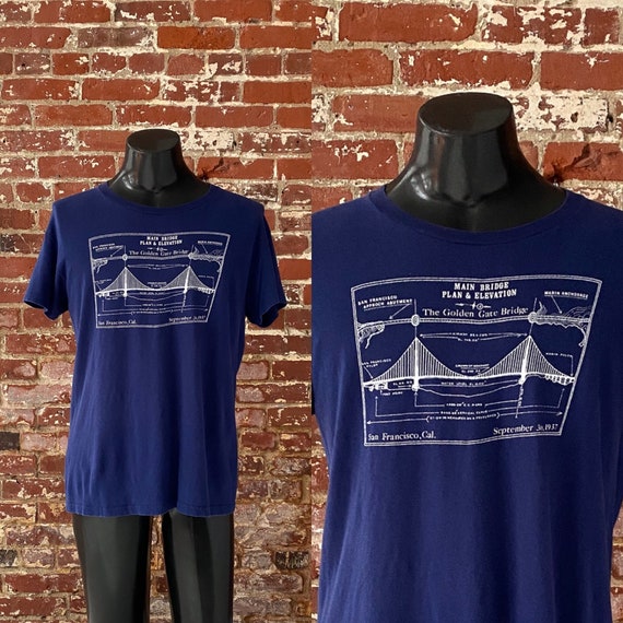 70s Golden Gate Bridge Architectural Drawings Art T-S… - Gem