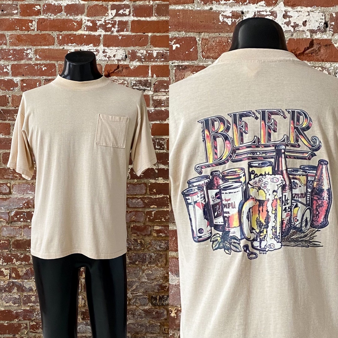 70s Beer Back Graphic Pocket T-shirt. Vintage 1974 Beige Beer Graphic ...
